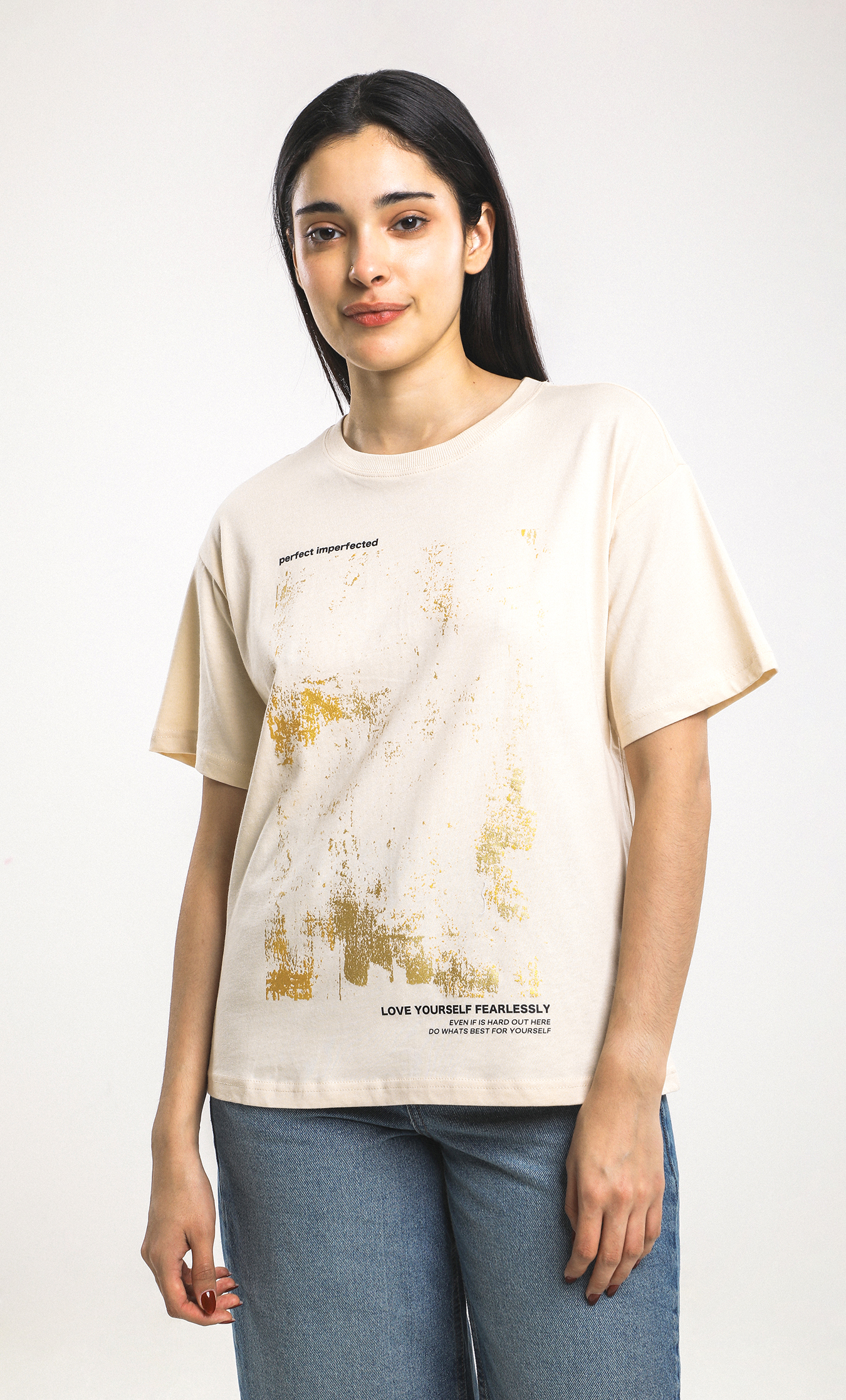 Playera Beige Manga Corta Con Foil Para Mujer - C&A